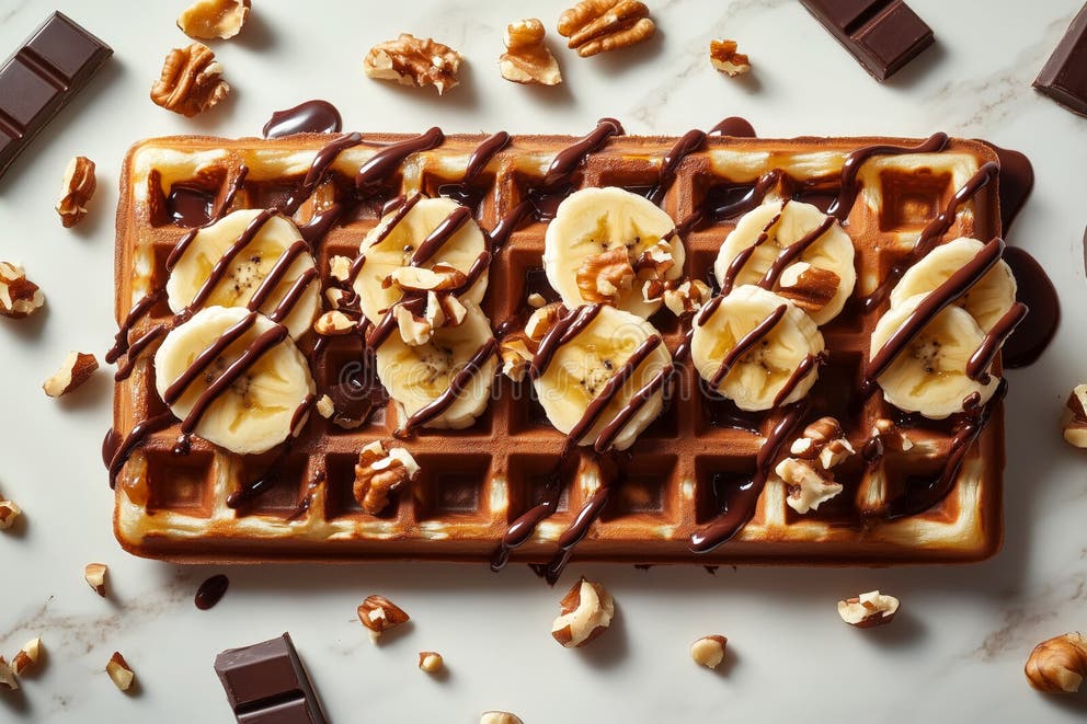 Waffle with Chocolate and Banana, Top View Stock Illustration ...