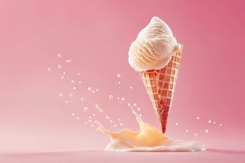 A Waffle Cone with a Scoop of Ice Cream Falling into a Splash of Milk ...