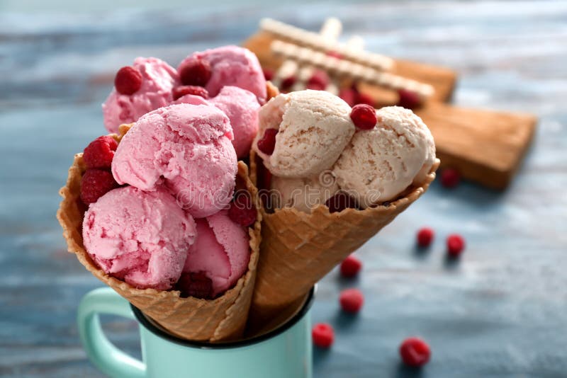 Waffle Cones with Tasty Raspberry Ice-cream in Cup Stock Image - Image ...