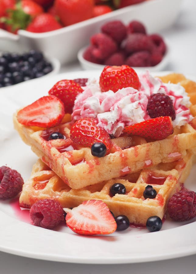 Waffle with Fresh Fruit and Cream Stock Image - Image of berry ...
