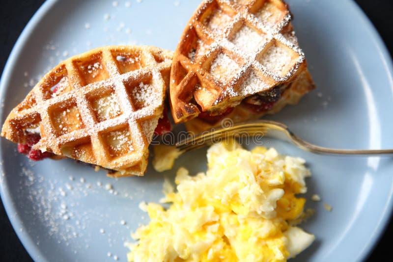 Waffle Fruit Sandwiches with Scrambled Eggs Stock Image - Image of ...