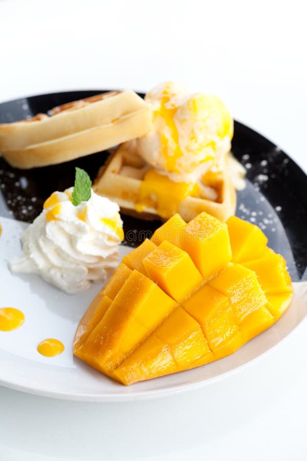 Waffle with Ice Cream and Mango Stock Photo - Image of sherbet, pancake ...