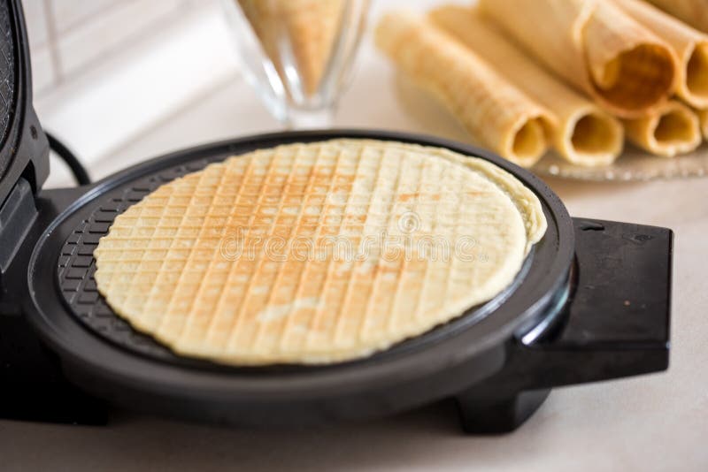 Waffle Iron in the Kitchen. Preparing Homemade Waffles, Pouring a Dough ...
