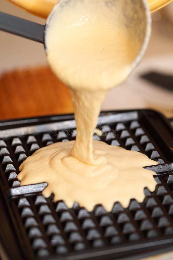 Waffle Iron Preparing Waffles in Kitchen Stock Photo - Image of dessert ...