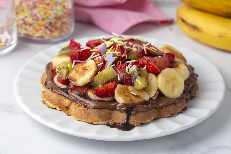 Waffle with Mixed Fruit and Chocolate Sauce Turkish Style Stock Photo ...