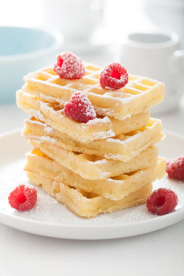 Waffle with Raspberry and Icing Sugar Stock Image - Image of cook ...