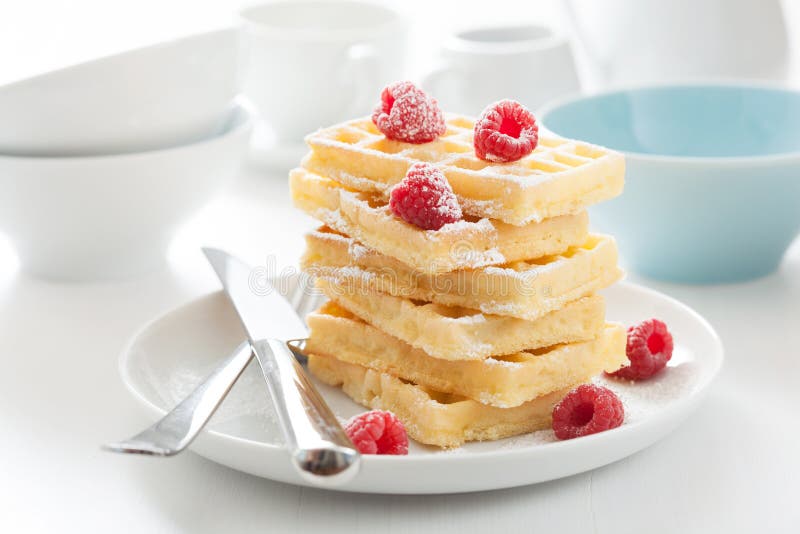 Waffle with Raspberry and Icing Sugar Stock Photo - Image of icing ...