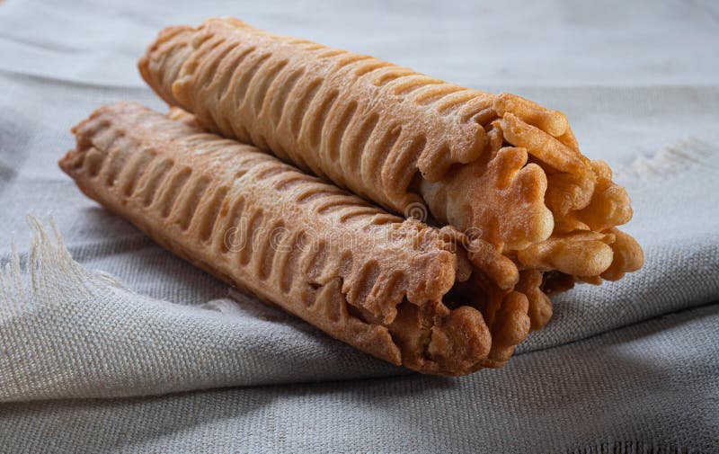 Waffle Rolls and Waffles with Caramel Stock Photo - Image of food ...