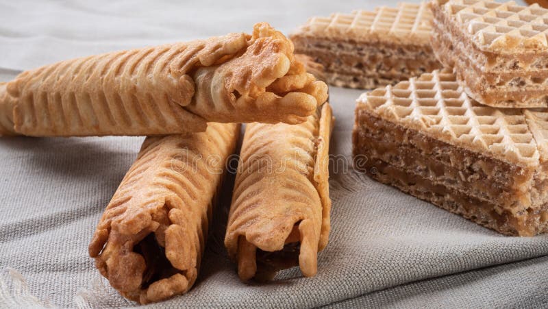 Waffle Rolls and Waffles with Caramel Stock Image - Image of snack ...