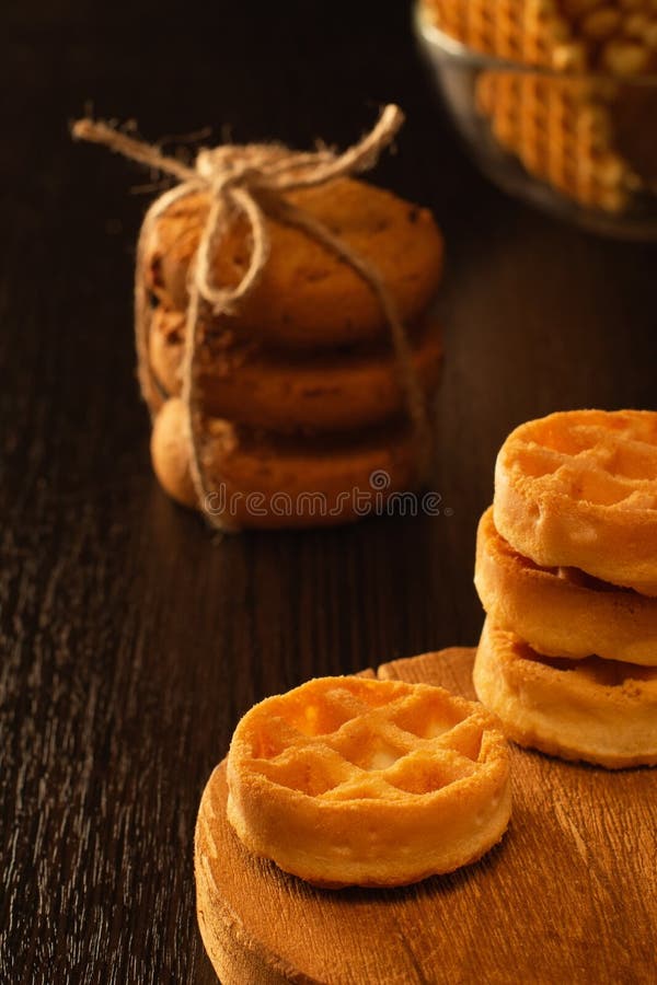 Waffle Round-shaped Biscuits on the Table, White Plate Stock Image ...