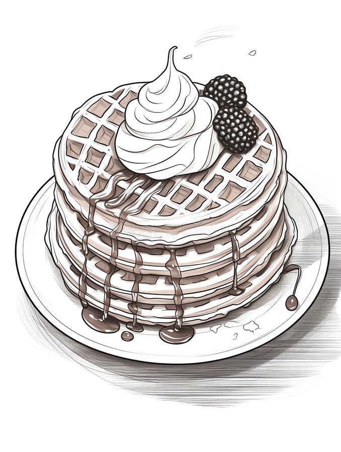 Waffle Stack with Syrup Tasty Dessert Coloring Book Page in Black and ...