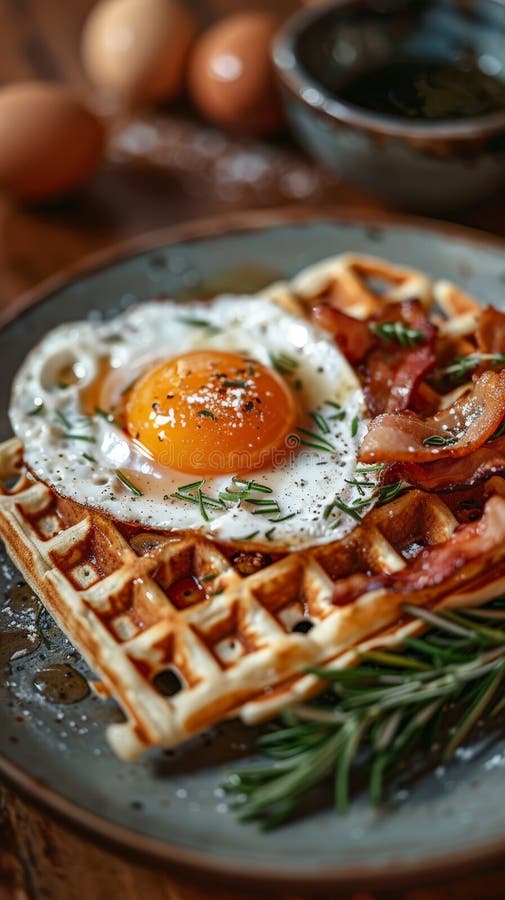 Waffle Topped with Bacon and Egg Stock Illustration - Illustration of ...