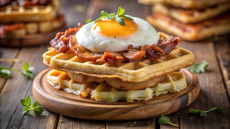 A Waffle Topped with Crispy Bacon, a Poached Egg, and Another Fried Egg ...