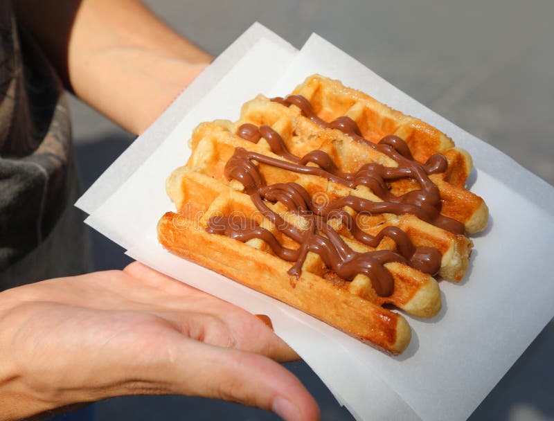 Waffle Typical Belgian Dessert with Hazelnut Cream Garnish on Th Stock ...