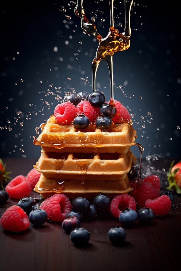 Waffles with Berries and Maple Syrup Splash Stock Photo - Image of ...