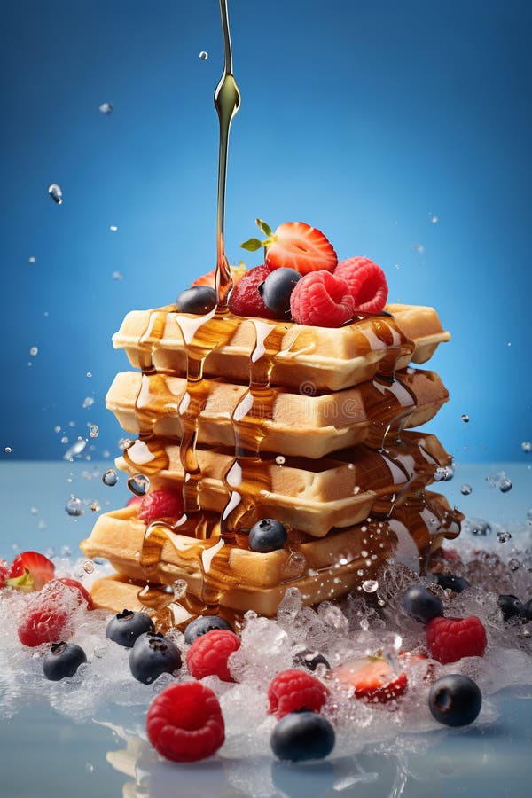 Waffles with Berries and Maple Syrup Splash Stock Image - Image of ...
