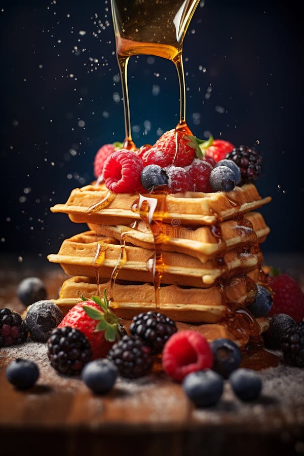 Waffles with Berries and Maple Syrup Splash Stock Image - Image of ...