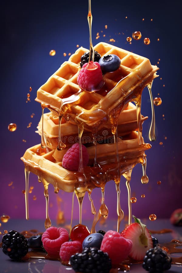Waffles with Berries and Maple Syrup Splash Stock Illustration ...