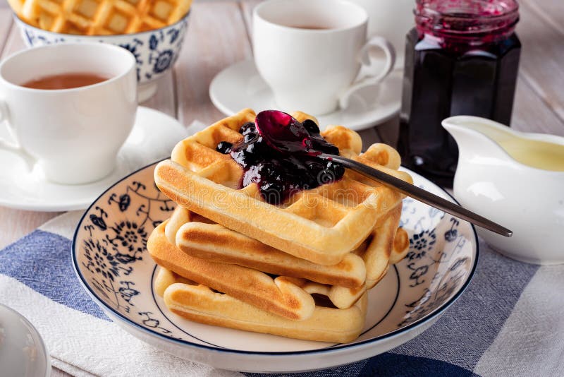 Waffles with Blackcurrant Jam. Stock Photo - Image of morning, cake ...