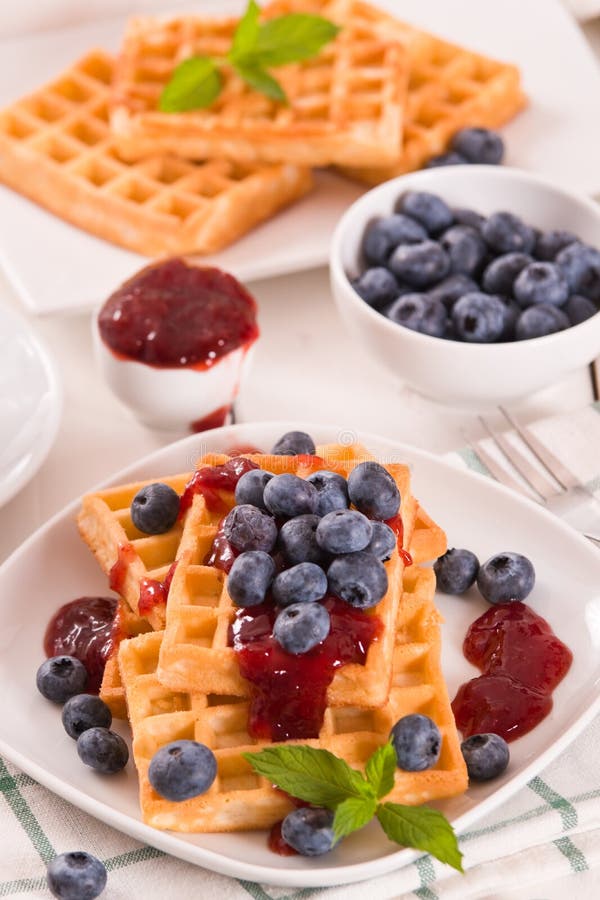 Waffles with Blueberries and Jam. Stock Photo - Image of chocolate ...