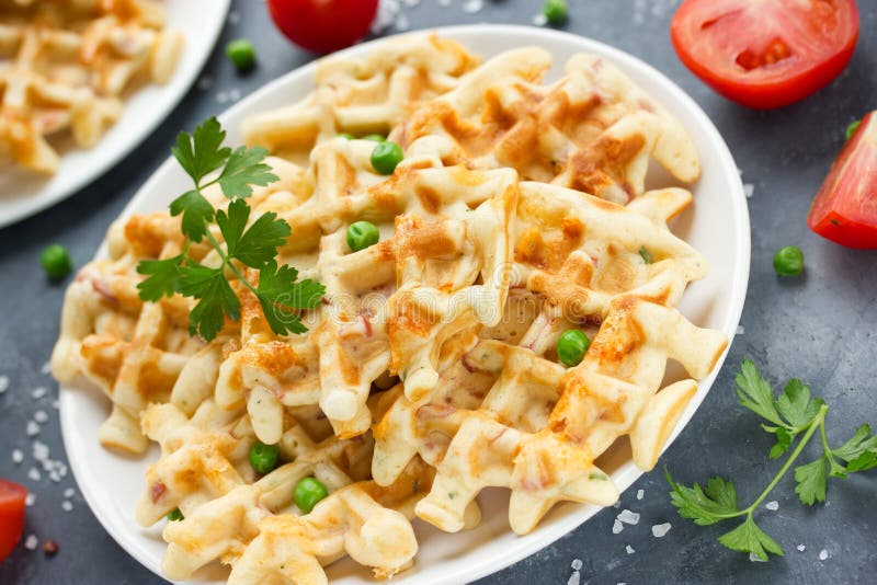 Waffles with Cheese, Green Peas and Sausage Stock Photo - Image of ...