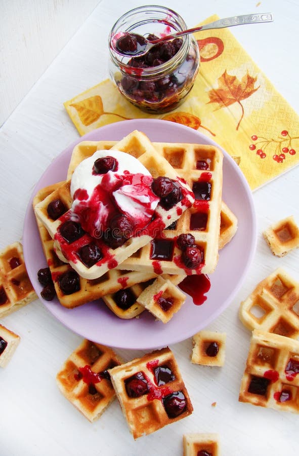 Waffles with cherry jam stock image. Image of waffles - 50095117