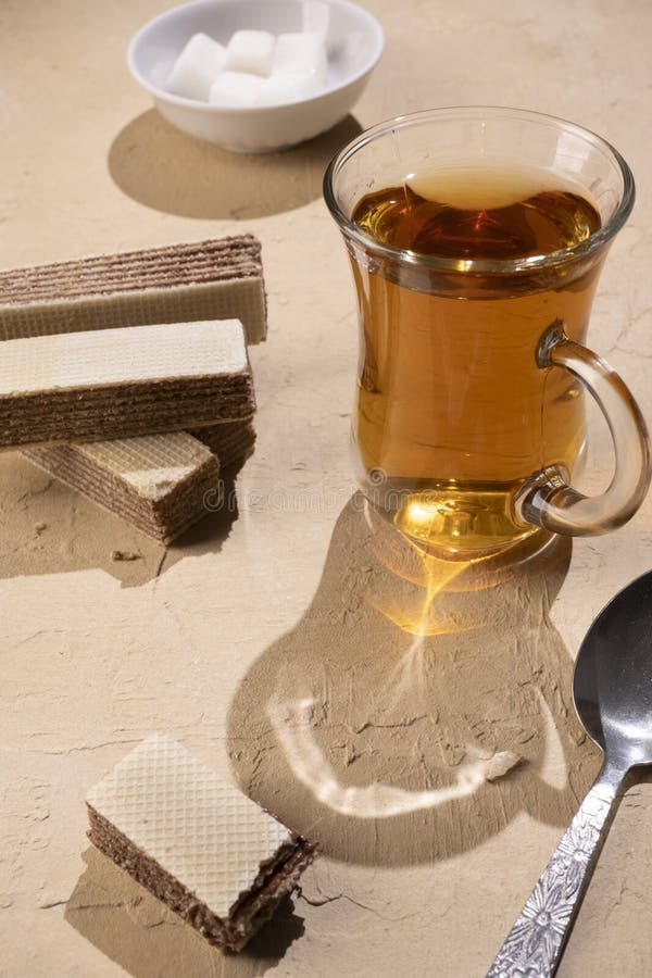 Waffles and a Cup of Tea on a Beige Table Stock Image - Image of bakery ...