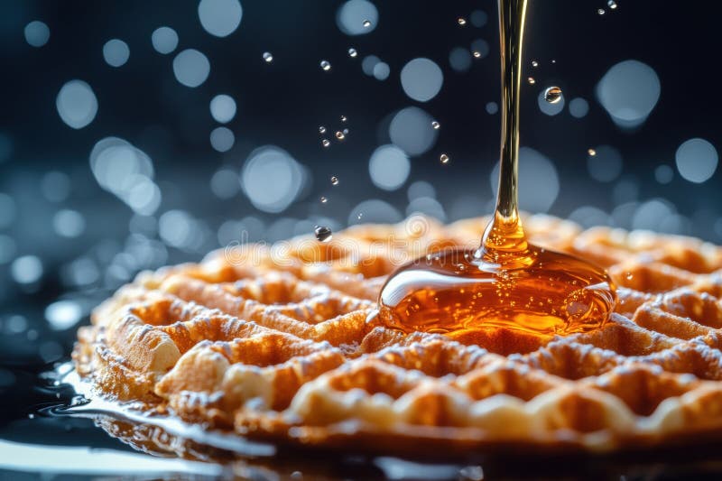 Waffles Floating with Maple Syrup in the Air Above a Dark Background ...