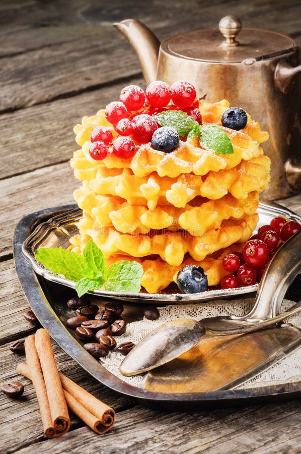 Waffles with Fresh Berries and Coffee Stock Image - Image of belgian ...