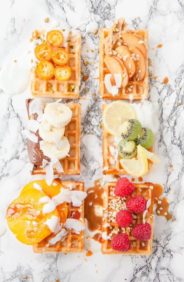 Waffles with fresh fruits stock image. Image of peaches - 72350833