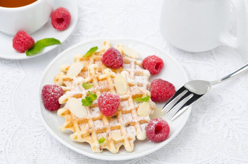 Waffles, Fresh Raspberries and Tea for Breakfast Stock Photo - Image of ...