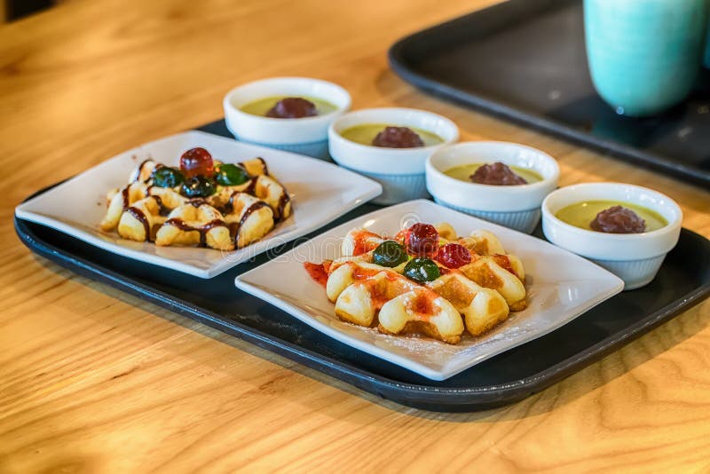 Waffles with Fruit and Maple Syrup on a Marble Counter Stock Image ...