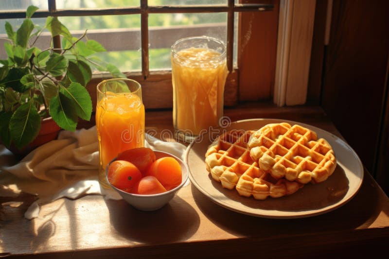 Waffles and a Glass of Orange Juice, Breakfast Scene Stock Image ...