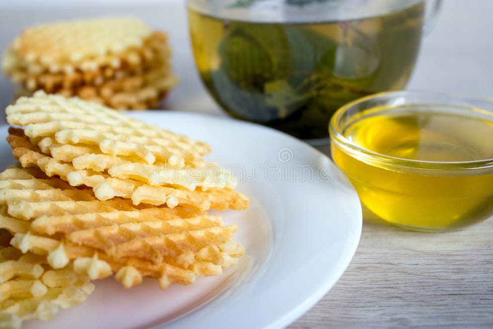 Waffles with Honey and Cup of Tea Stock Photo - Image of freshness ...