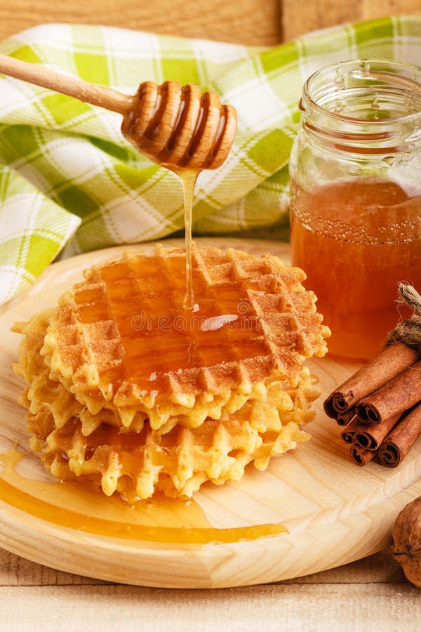 Waffles with Honey on a Wooden Surface Stock Photo - Image of food ...