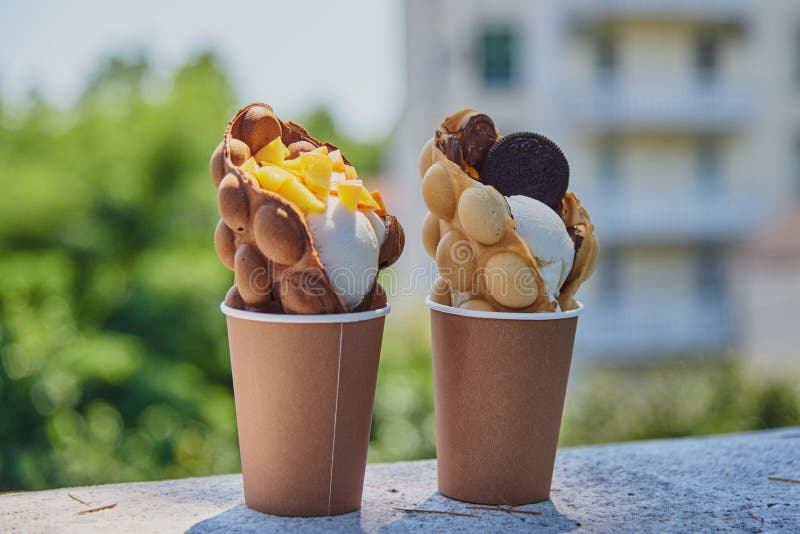 Waffles with Ice Cream, Fruit and Chocolate. Stock Image - Image of ...