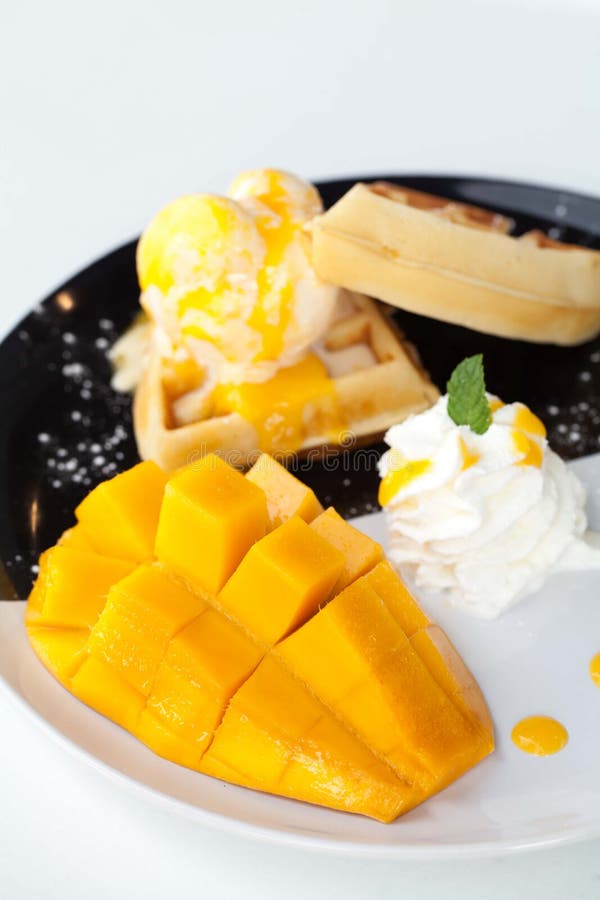 Waffles with Ice Cream and Mango Stock Photo - Image of halved, quark ...