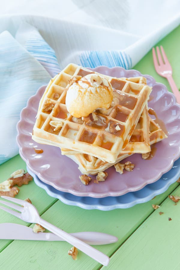 Waffles a la mode stock image. Image of recipe, caramel - 65246891