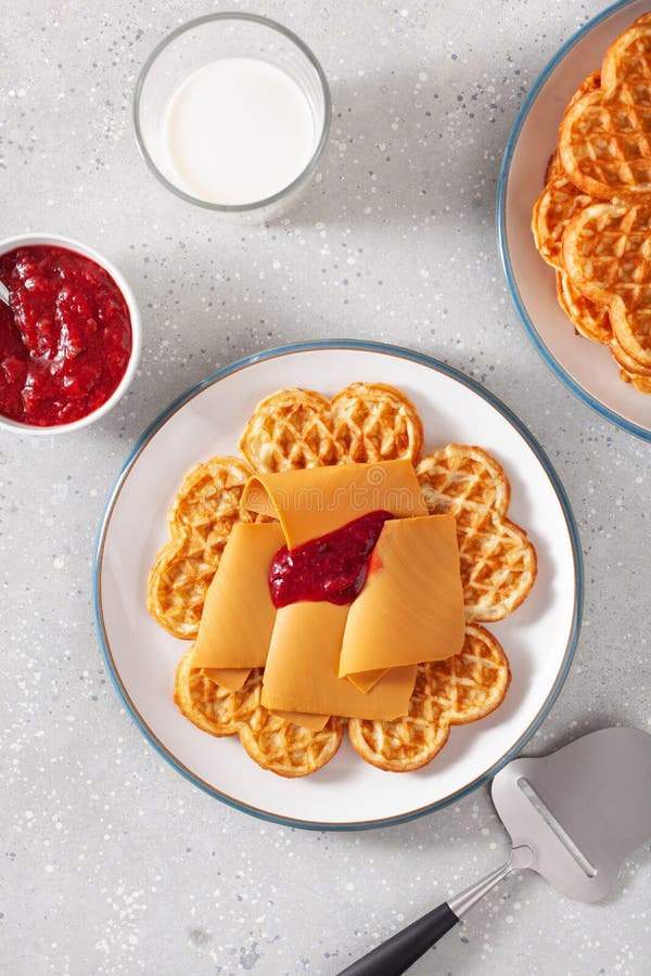 Waffles with Norwegian Brunost Traditional Brown Cheese and Raspberry ...