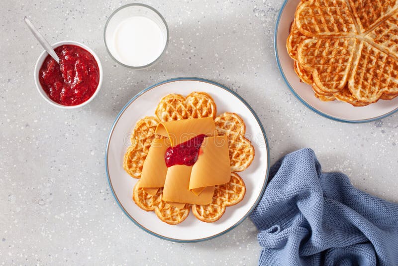 Waffles with Norwegian Brunost Traditional Brown Cheese and Raspberry ...