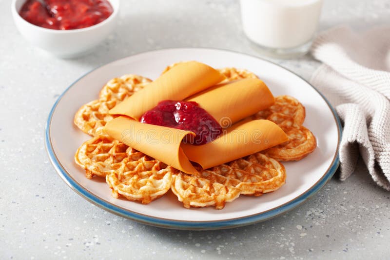 Waffles with Norwegian Brunost Traditional Brown Cheese and Raspberry ...