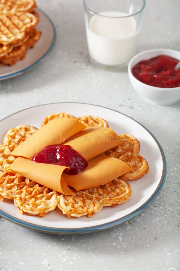 Waffles with Norwegian Brunost Traditional Brown Cheese and Raspberry ...