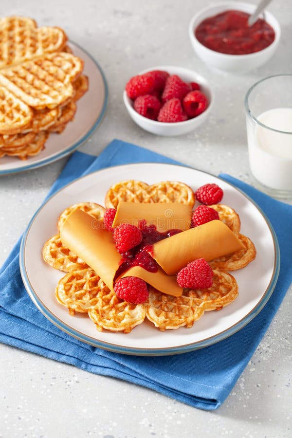 Waffles with Norwegian Brunost Traditional Brown Cheese and Raspberry ...
