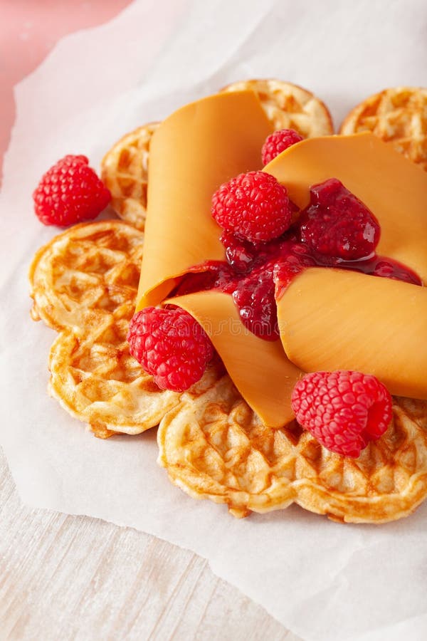 Waffles with Norwegian Brunost Traditional Brown Cheese and Raspberry ...
