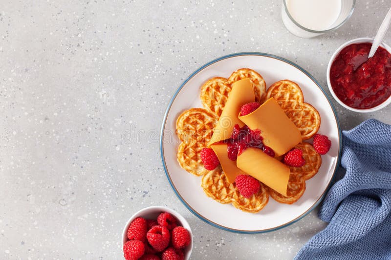 Waffles with Norwegian Brunost Traditional Brown Cheese and Raspberry ...