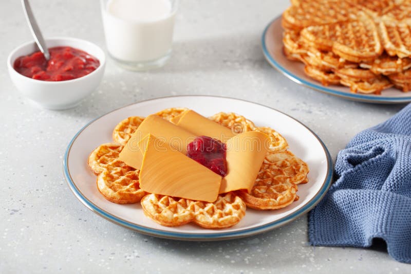 Waffles with Norwegian Brunost Traditional Brown Cheese and Raspberry ...