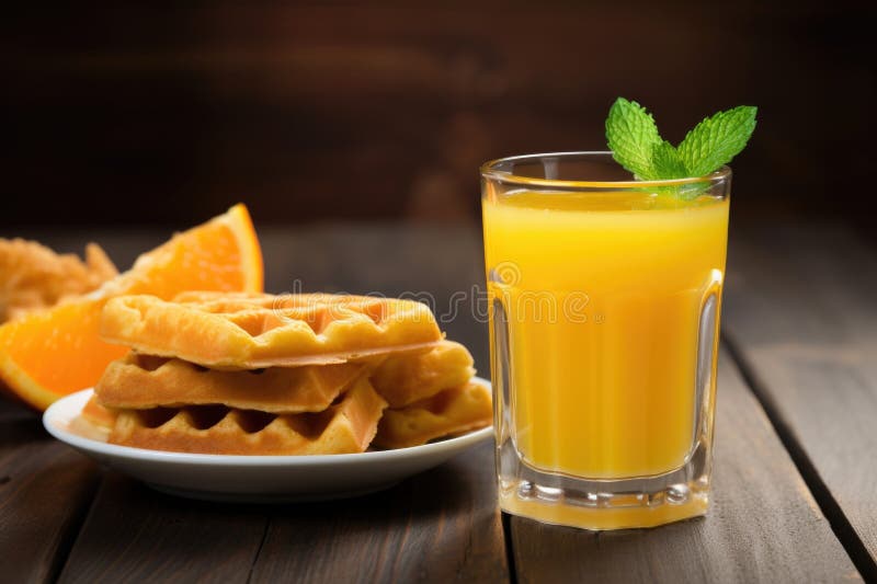 Waffles Paired with a Glass of Freshly Squeezed Orange Juice Stock ...