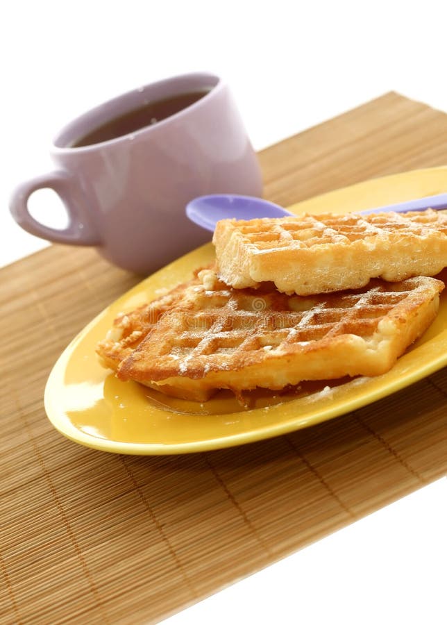 Waffles on Plate and Cup of Tea Stock Image - Image of sugared, dessert ...