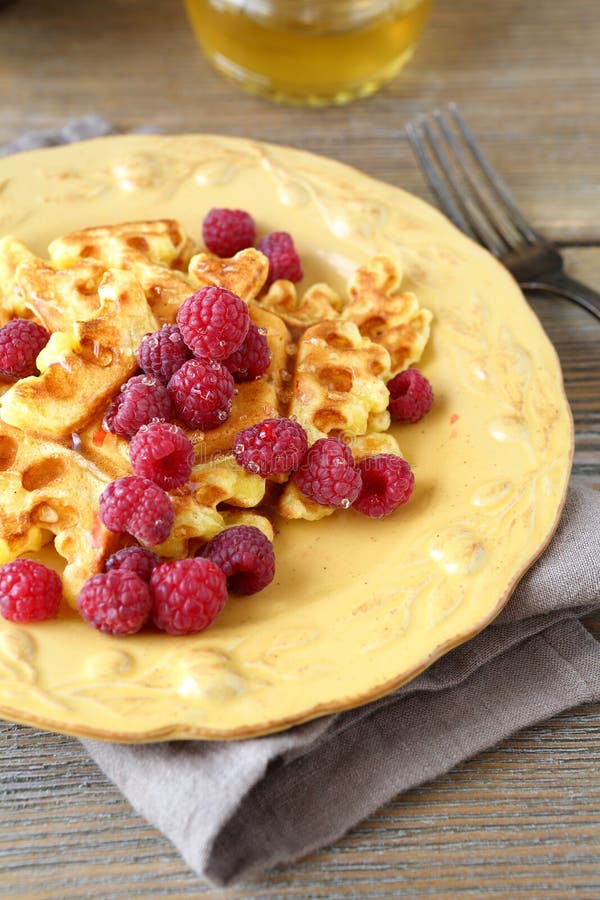 Waffles and Raspberries on a Plate Stock Photo - Image of honey ...