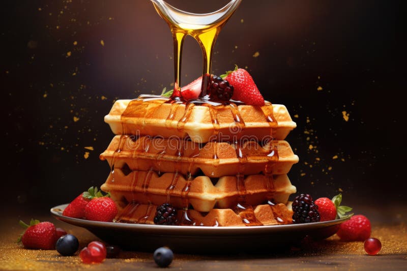 Waffles Stacked High with Syrup Drizzling Down Stock Photo - Image of ...